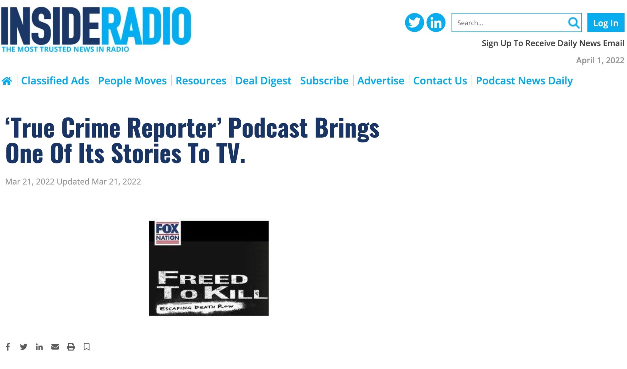 True Crime Reporter™ Podcast Goes To Big TV Screen With Freed To Kill